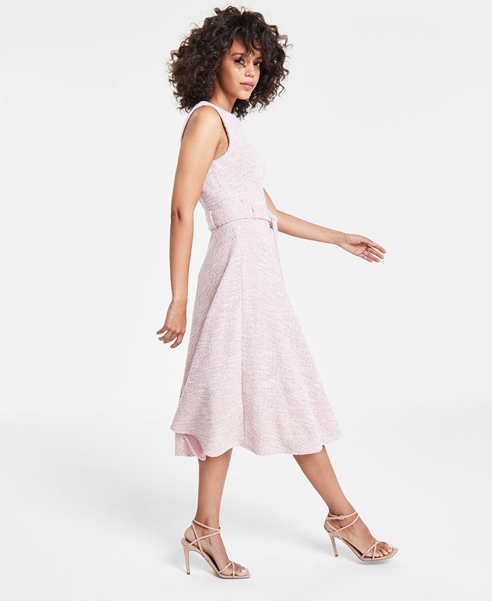 Calvin Klein Womens Jewel Neck Sleeveless Belted Tweed Midi Dress Macys