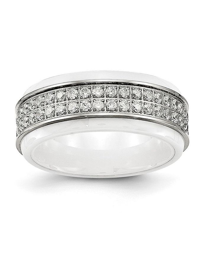Chisel Stainless Steel Polished White Ceramic CZ Ridged Edge Ring - Macy's