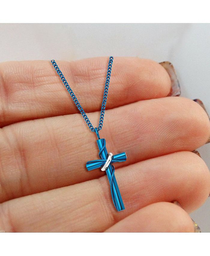 Chisel Blue IP-plated Cross Moveable Ring Pendant Curb Chain Necklace ...