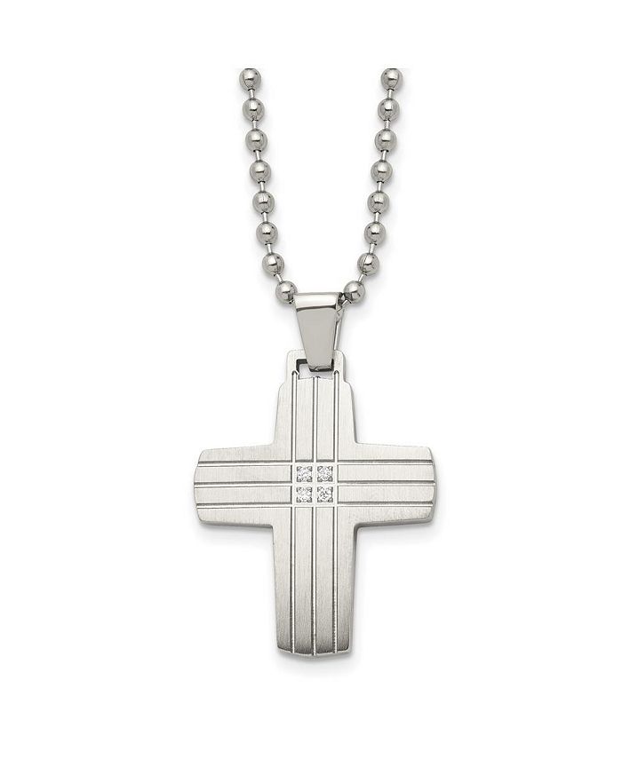 Chisel Brushed and CZ Grooved Cross Pendant Ball Chain Necklace - Macy's