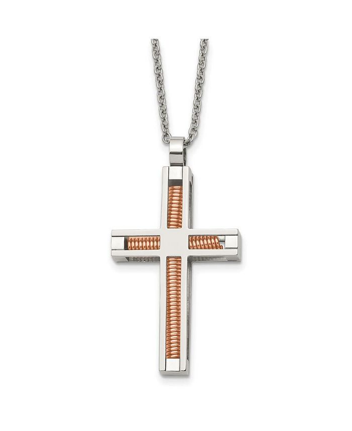 Chisel Polished Rose IP-plated Cross Pendant on a Cable Chain Necklace ...