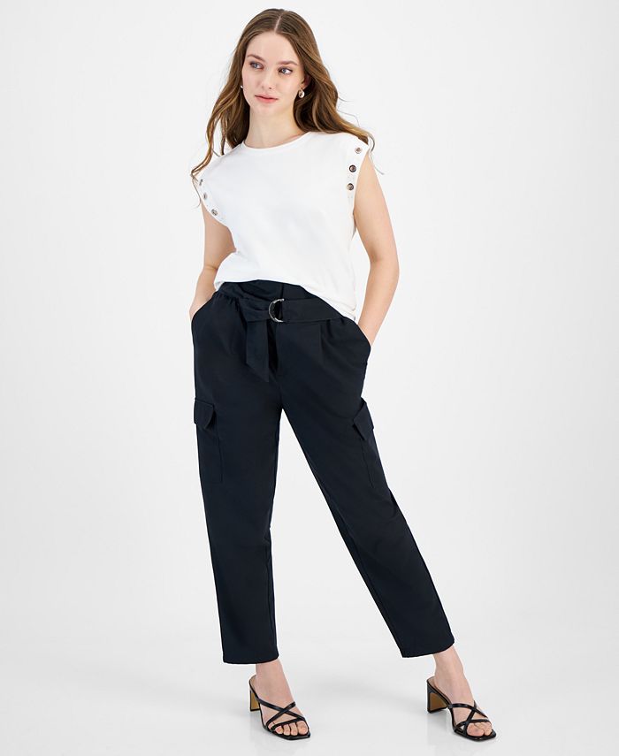 Bar III Petite Crewneck Grommet-Trim-Sleeve Top & D-Ring Cargo Pants ...