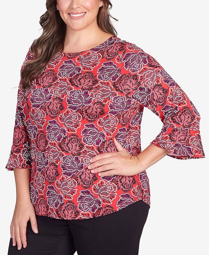 Ruby Rd. Plus Size Elegant Roses Puff Print Ruffle Sleeve Blouse - Macy's