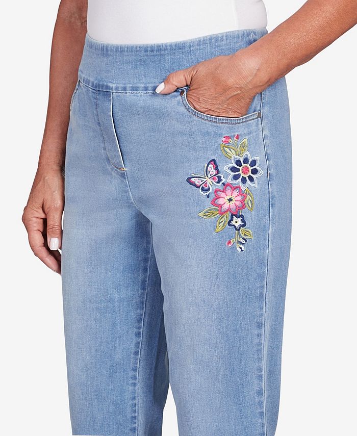 Alfred Dunner Women's In Full Bloom Butterfly Embroidered Denim Capri ...
