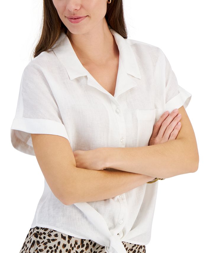 Charter Club Women's 100% Linen Tie-Front Shirt, Created for Macy's ...