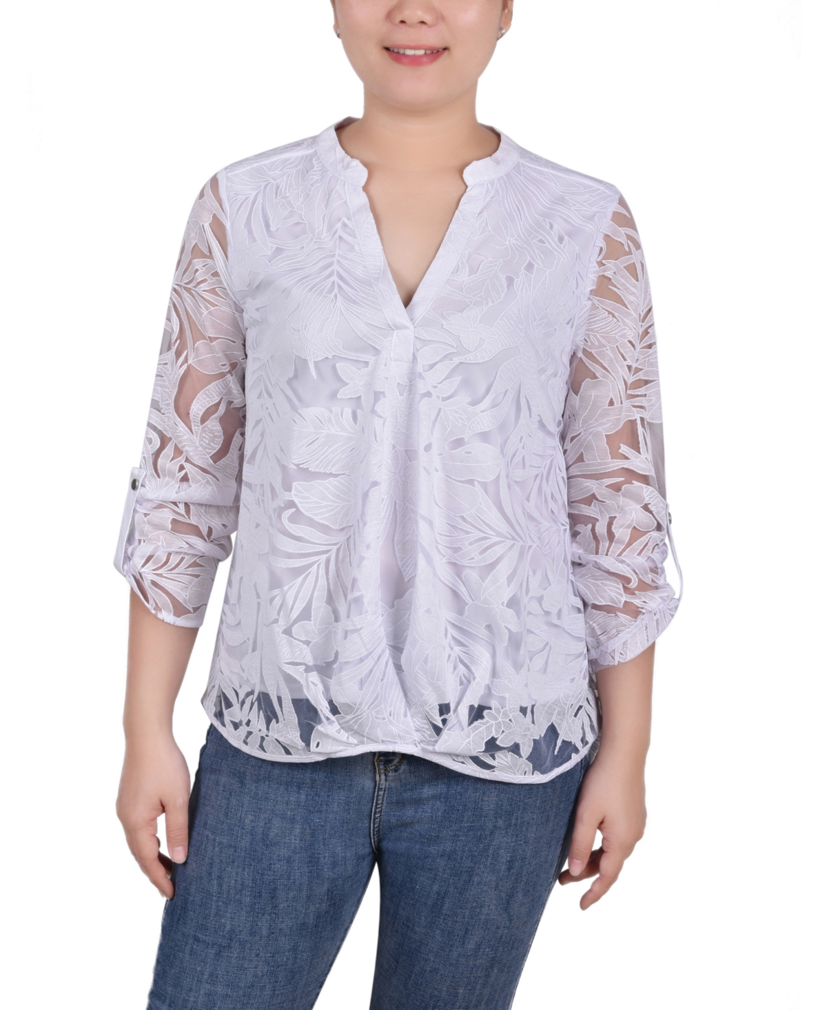 Click here for Ny Collection Womens Long Sleeve Burnout Y-neck Bl... prices