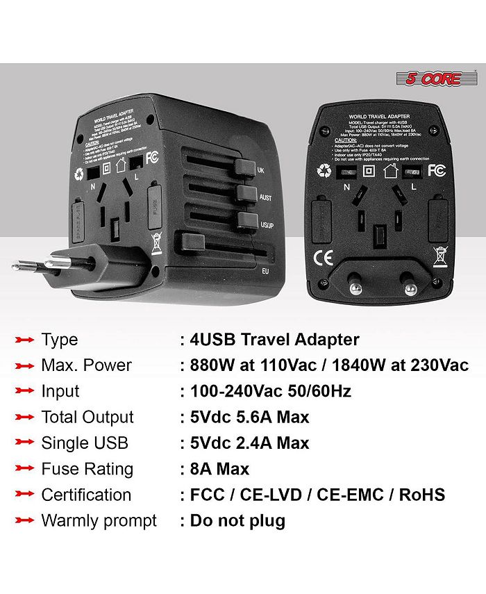 5 Core Travel Adapter 3 Pieces International Power Adapter Plug Multi ...