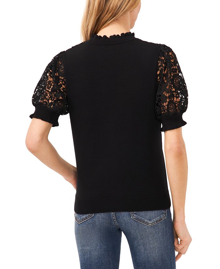 CeCe Women's Cotton Ruffle-Neck Lace-Yoke Sweater - Macy's