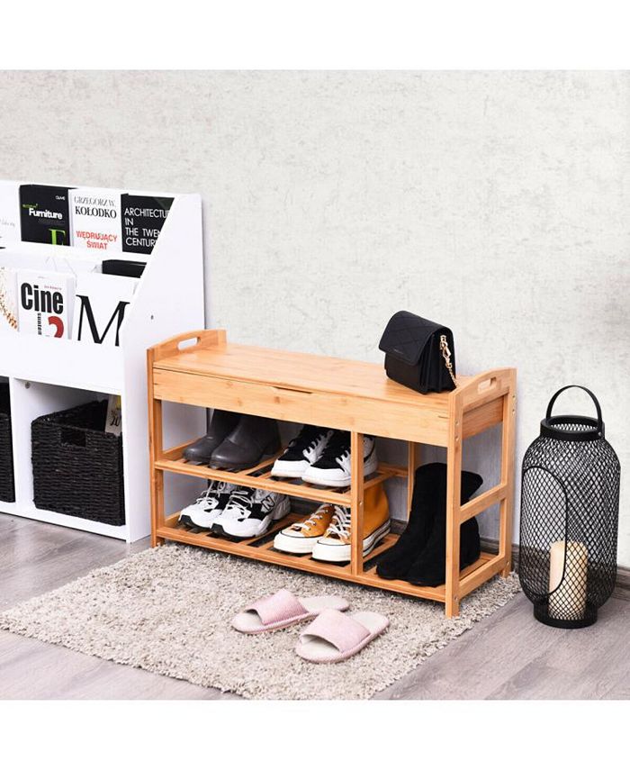 Slickblue 3-Tier Bamboo Shoe Bench Entryway Storage Rack with Openable ...