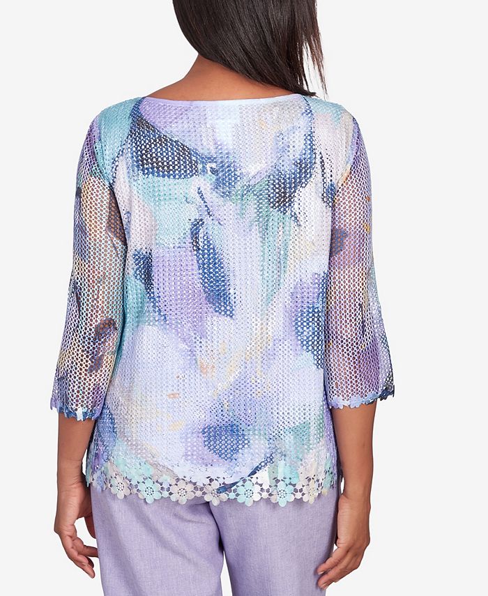 Alfred Dunner Petite Isn't It Romantic Floral Mesh 3/4 Sleeve Top - Macy's