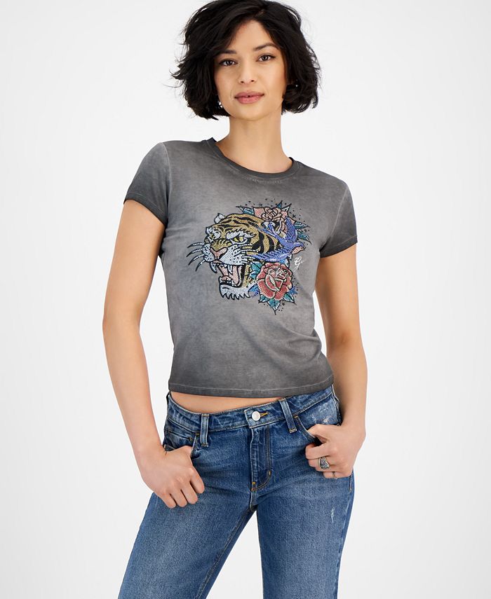 GUESS Women's Embellished-Tiger Short-Sleeve Crewneck Top - Macy's