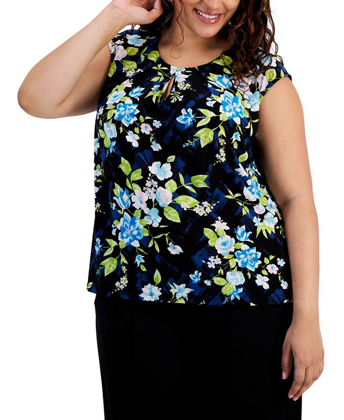 Kasper Plus Size Floral-Print Keyhole Blouse - Macy's