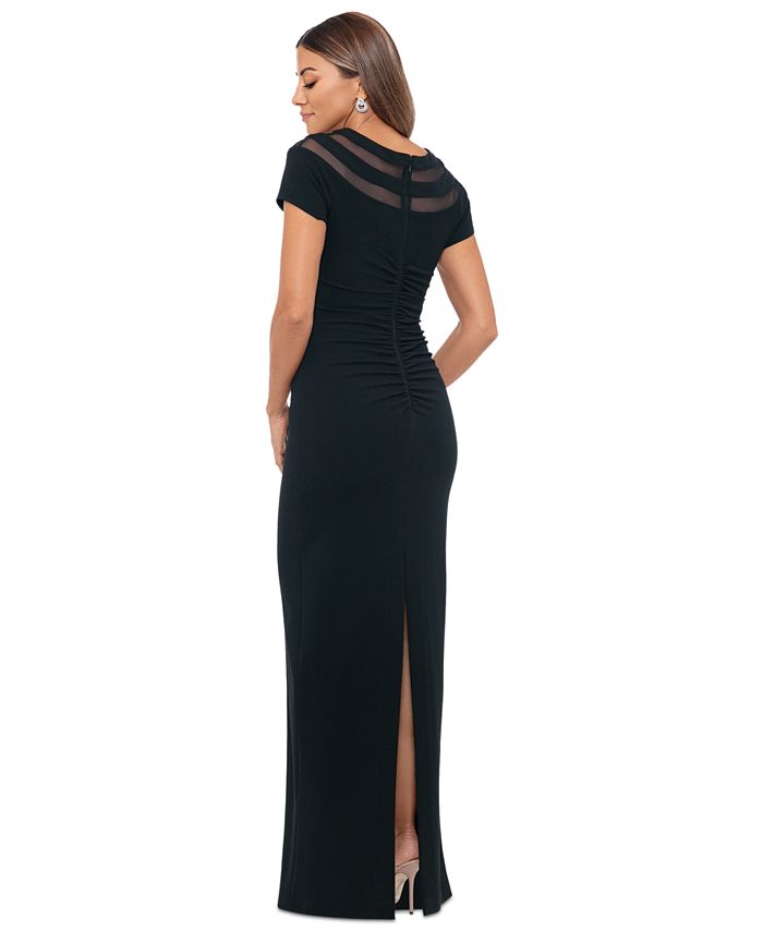XSCAPE Women's Illusion-Neck Ruched-Back Scuba Crepe Gown - Macy's