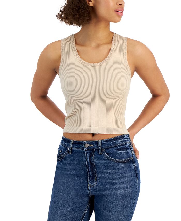 Pink Rose Juniors' Lace-Trim Seamless Ribbed Tank - Macy's