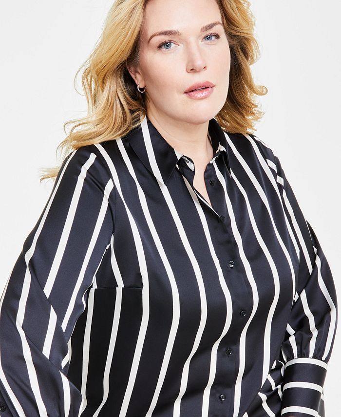 Vince Camuto Plus Size Striped Button-Down Bell-Sleeve Shirt - Macy's