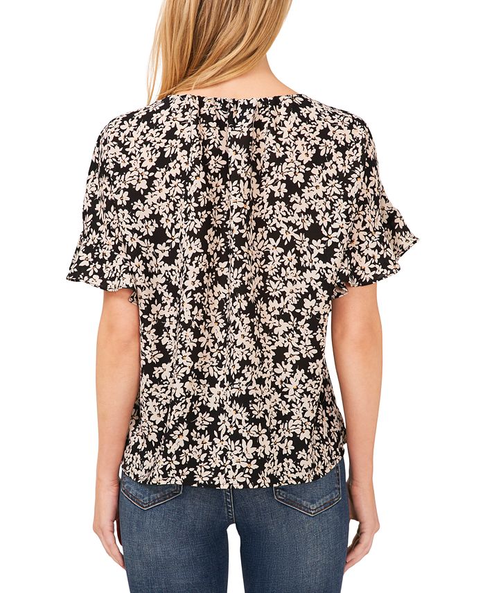 CeCe Women's Floral Print Split Neck Ruffled Cuff Top - Macy's
