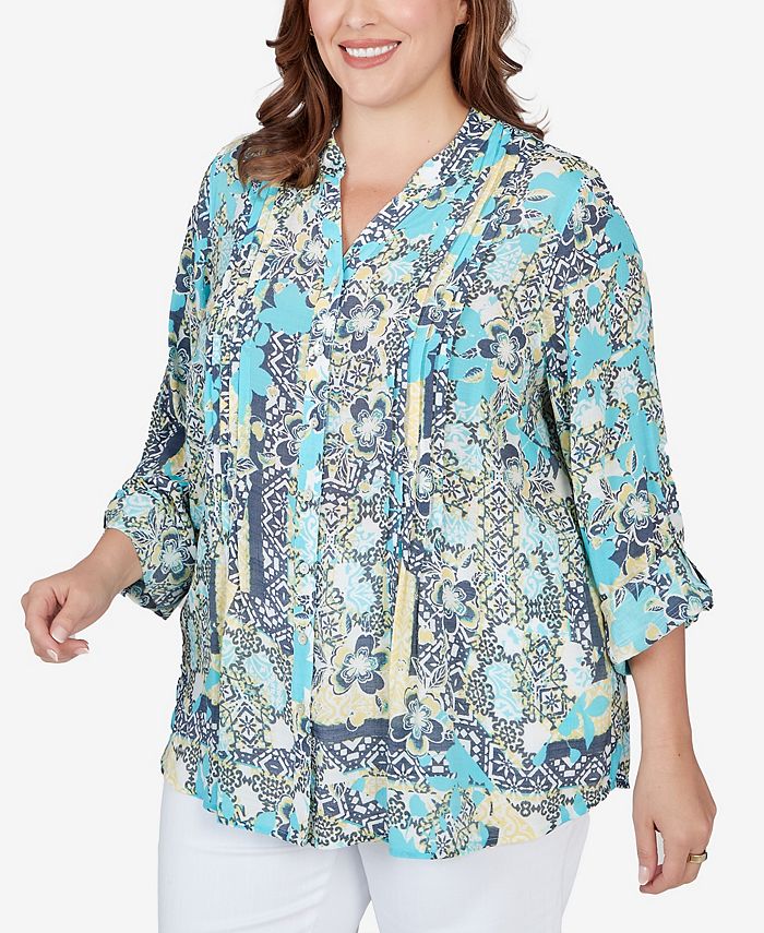 Ruby Rd. Plus Size Seaside Silky Gauze Patchwork Button Front Top - Macy's
