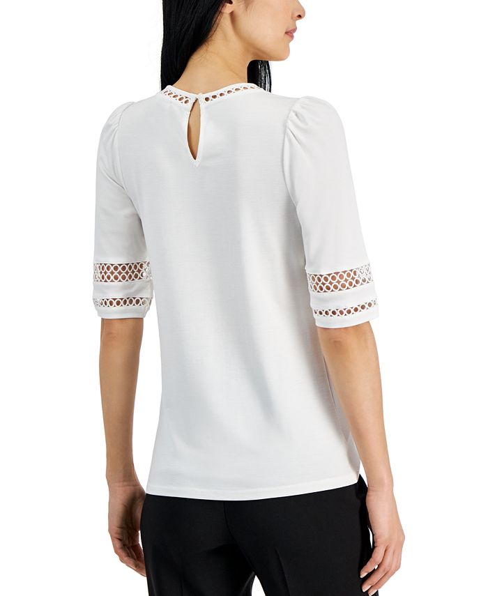 Anne Klein Women's Harmony Lace-Inset Elbow-Sleeve Top - Macy's
