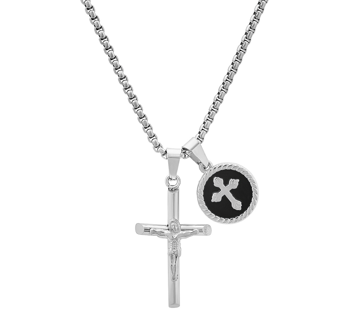 Click here for Steeltime Mens Silver-Tone Cross & Round Pendant N... prices