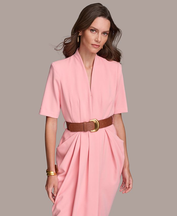Donna Karan Womens V Neck Belted Short Sleeve Dress Macys