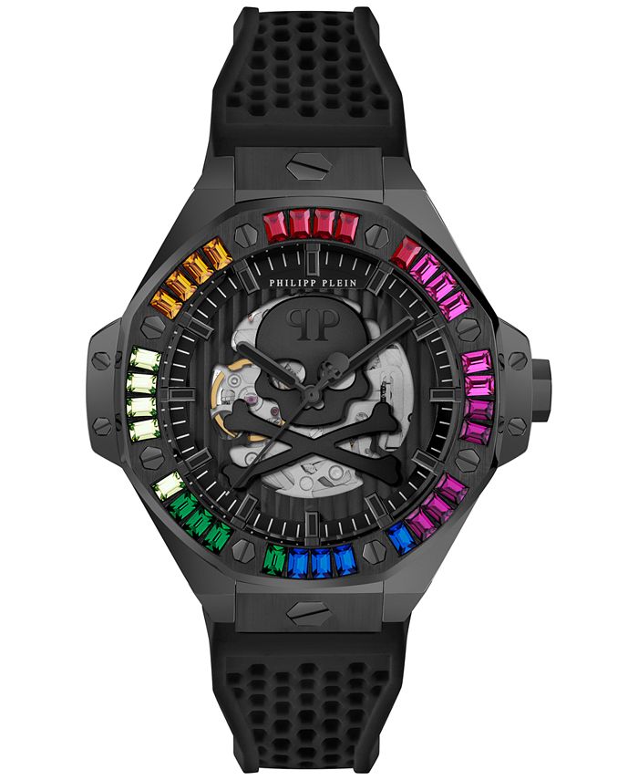 Philipp Plein Men's Automatic Skeleton Royal Black Silicone Strap Watch ...