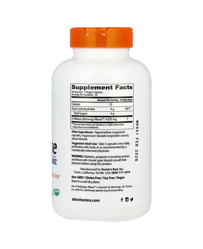 Doctor's Best D-Ribose with Bioenergy Ribose 850 mg - 120 Veggie Caps ...