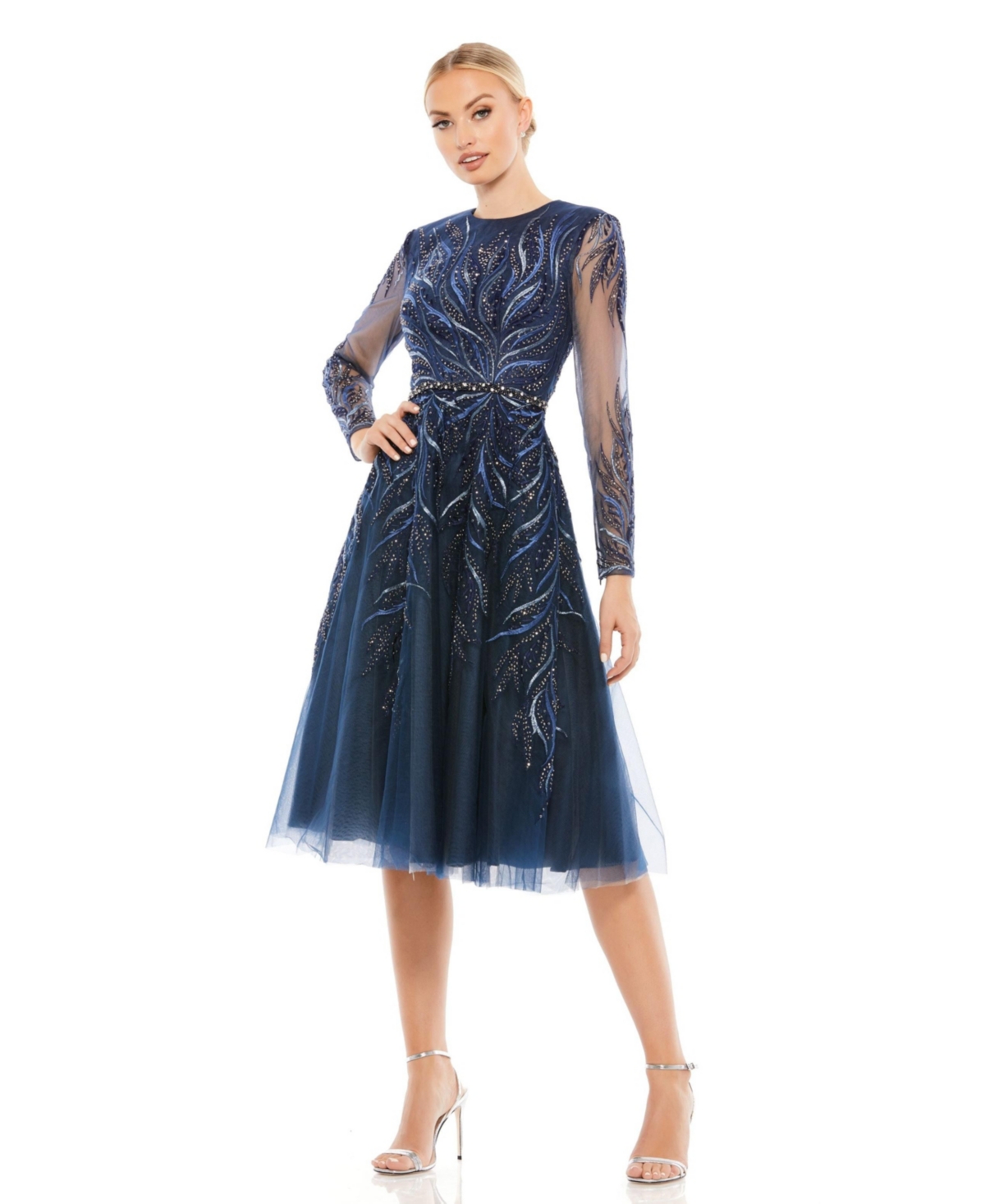 Click here for Womens Embellished Tea-Length Illusion Cocktail Dr... prices
