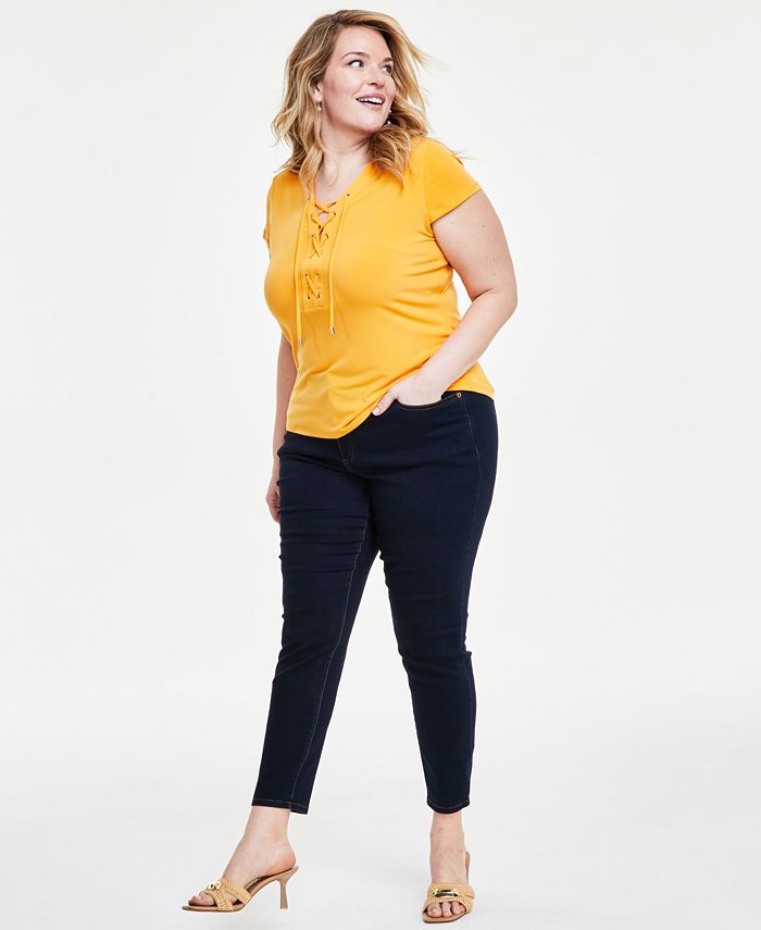 I N C International Concepts Plus Size Lace Up Neck Short Sleeve Top