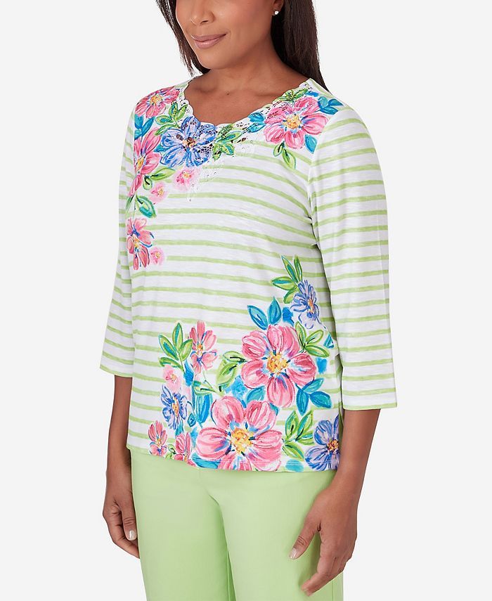 Alfred Dunner Petite Miami Beach Asymmetrical Stripe Floral Top - Macy's