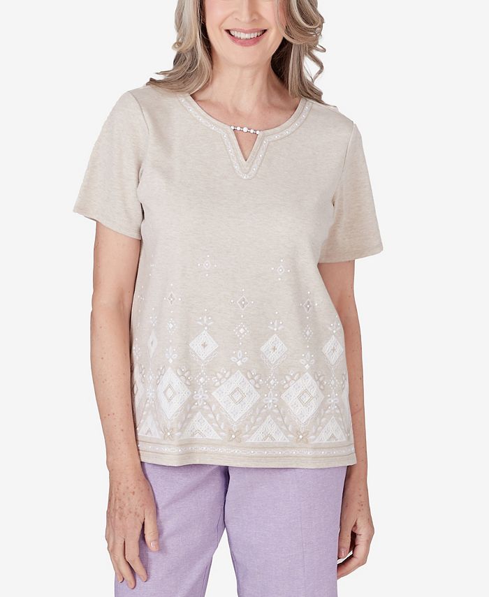 Alfred Dunner Petite Garden Party Embroidered Diamond Border Top - Macy's