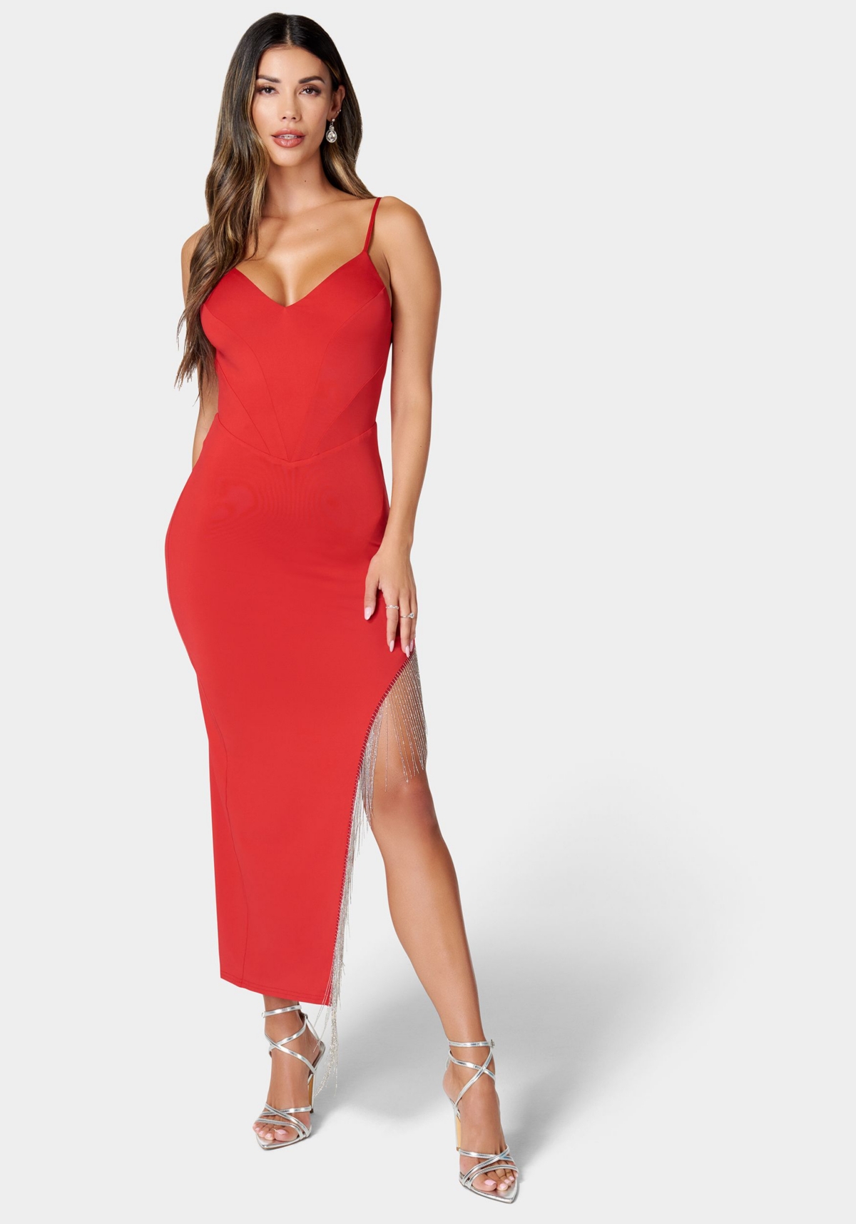 Click here for Bebe Womens Fringe Detail High Slit Dress - Red prices