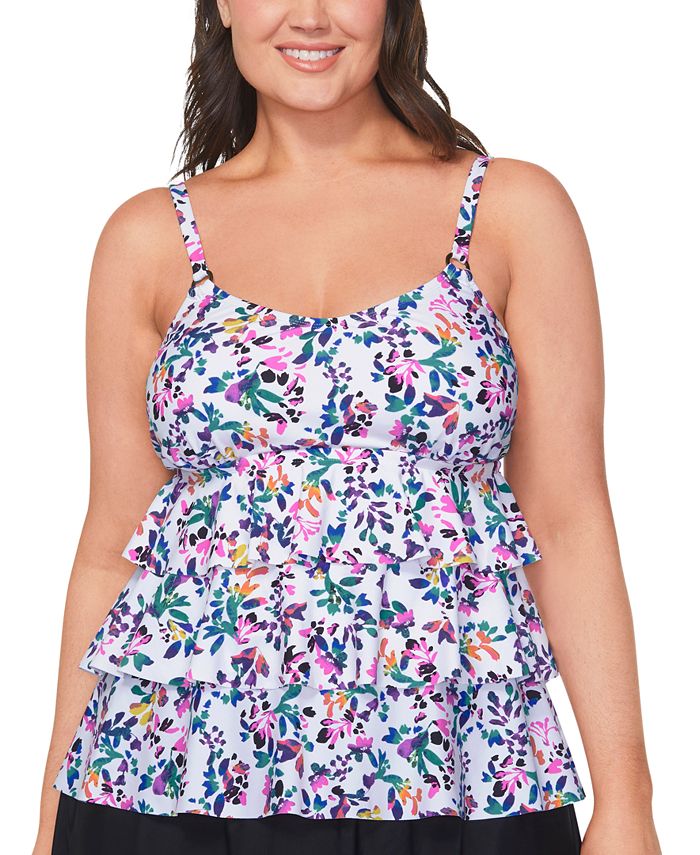 Island Escape Plus Size Floral-Print Tiered Tankini Top, Created for ...