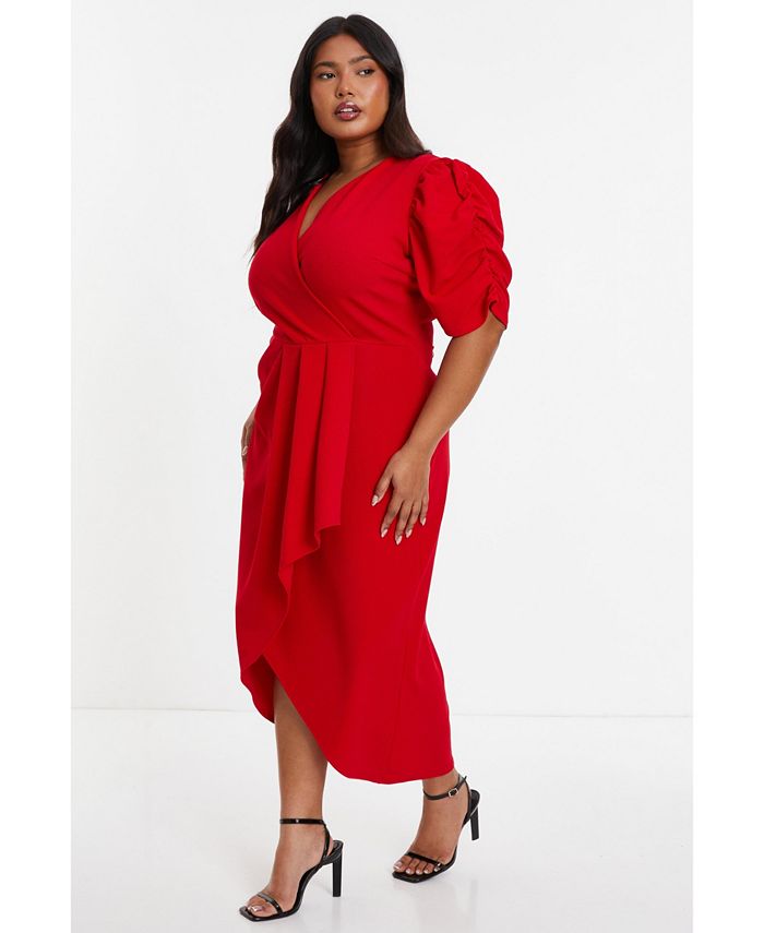 QUIZ Plus Size Wrap Pleated Ruched Sleeve Midi Dress - Macy's
