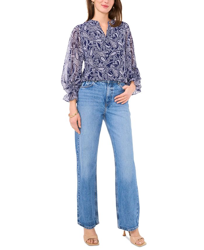 Vince Camuto Women's Split-Neck Smocked-Cuff Blouse - Macy's