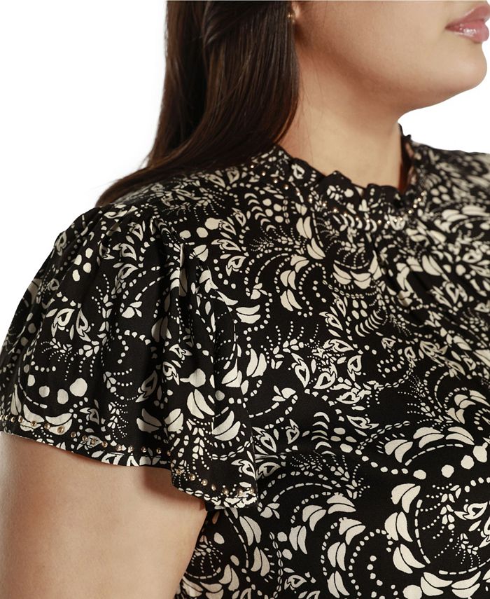 Belldini Black Label Plus Size Embellished Printed Cap-Sleeve Blouse ...