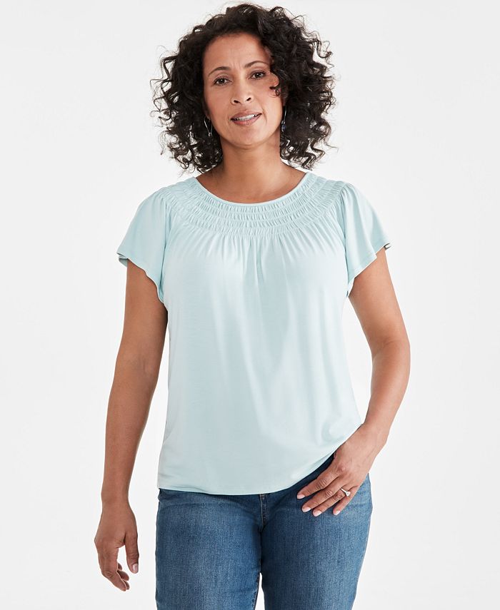 Style & Co Women's Short-Sleeve Smocked-Neck Knit Top, Created for Macy ...