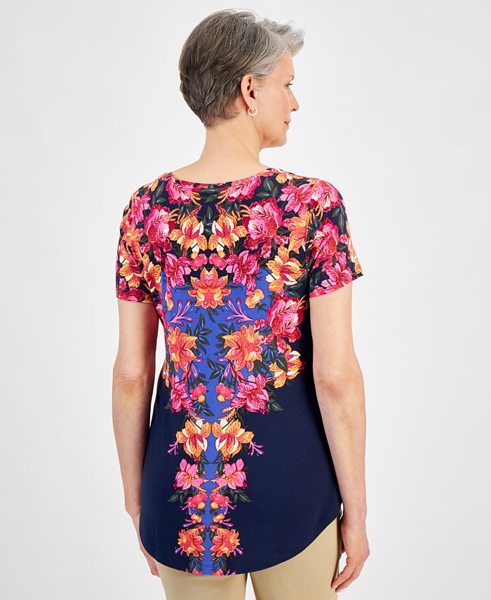 JM Collection Women's Scoop-Neck Short-Sleeve Printed Knit Top, Created ...