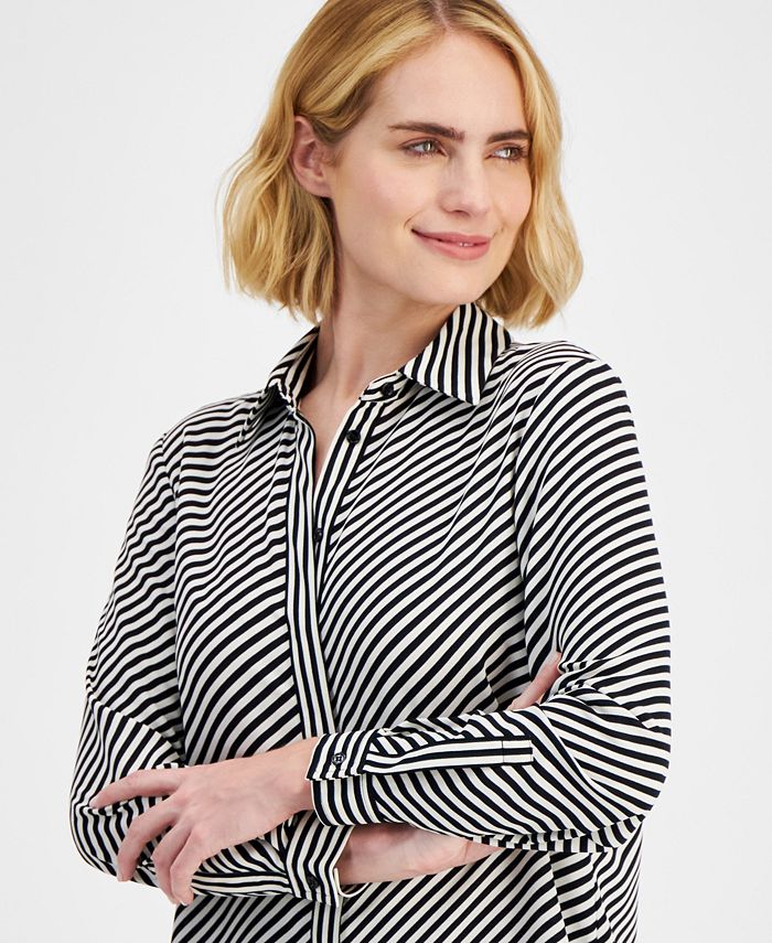 Anne Klein Petite Striped Covered-Placket Long-Sleeve Top - Macy's
