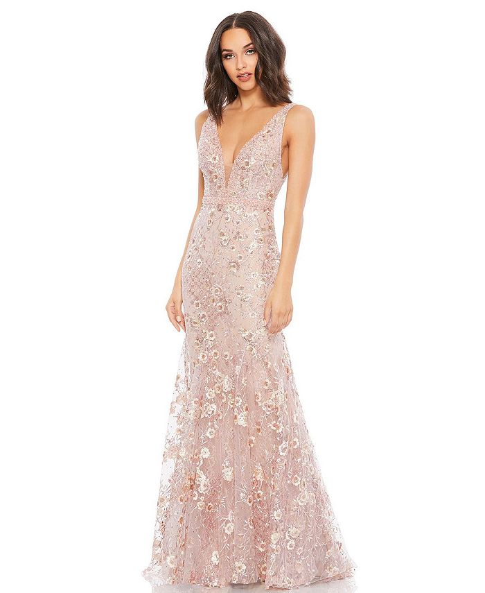 Mac Duggal Women's Floral Embellished Sleeveless Plunge Neck Gown - Macy's