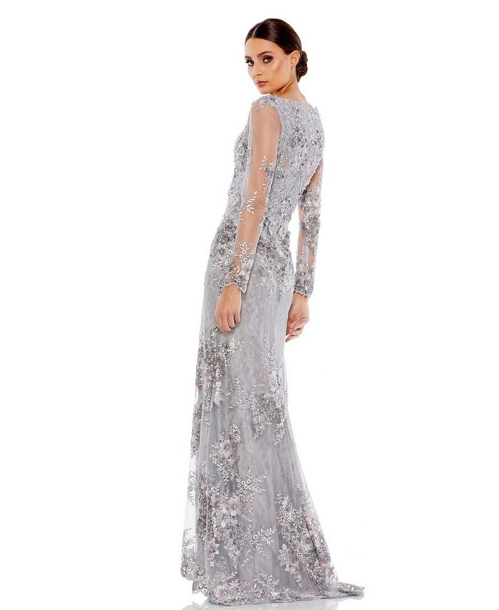 Mac Duggal Women's Embellished V Neck Illusion Long Sleeve Gown - Macy's