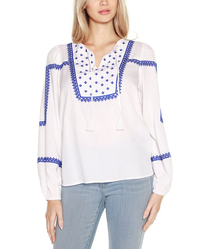 Belldini Black Label Embroidered Blouson Tie Neck Top - Macy's