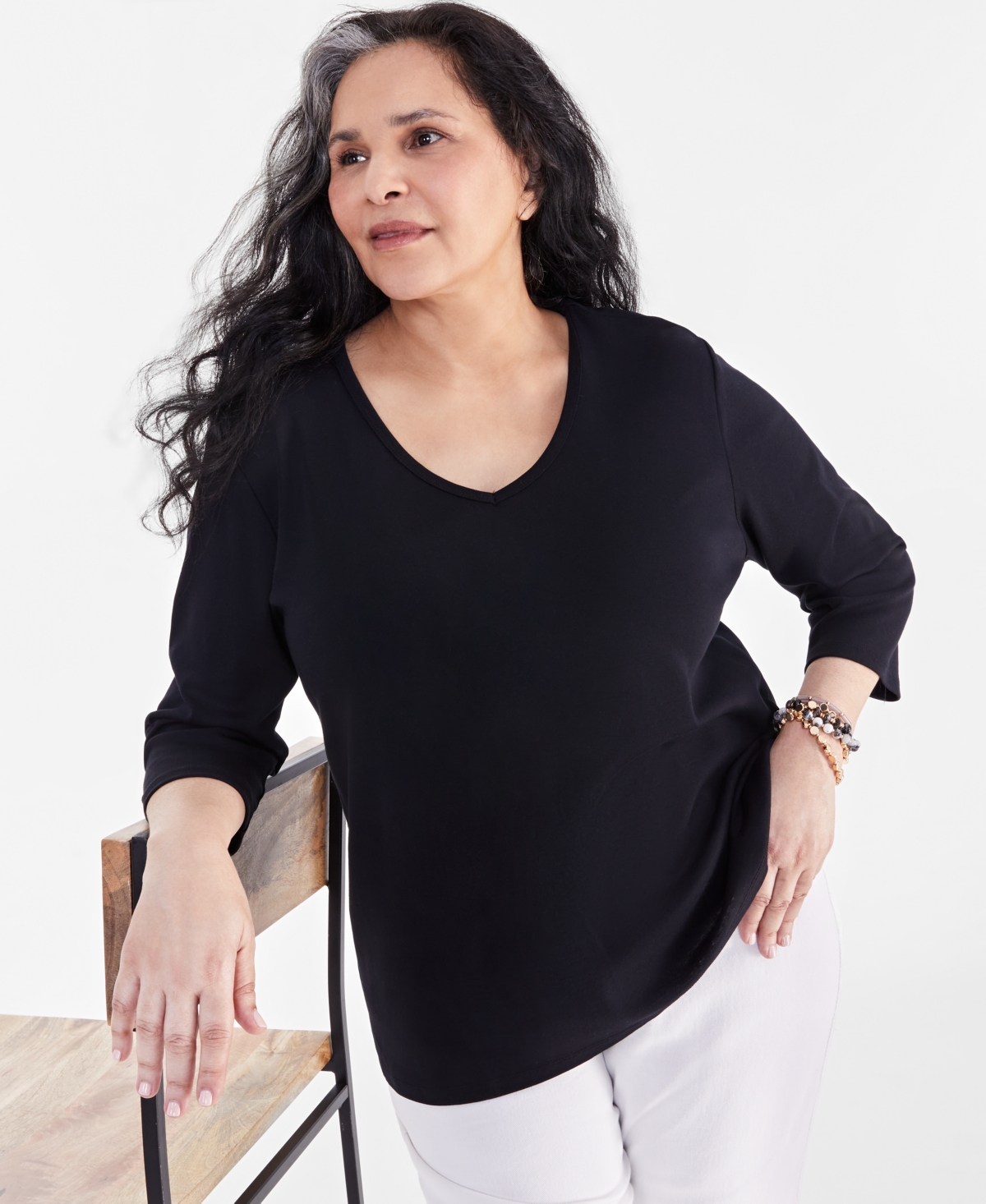 Click here for Style & Co Plus Size Cotton V-Neck 3/4-Sleeve Top... prices