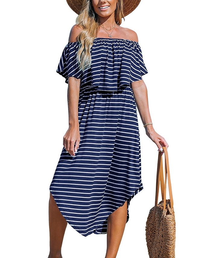 CUPSHE Women's Navy-and-White Stripe Off-Shoulder Flounce Bodice Midi Beach Dress - Macy's