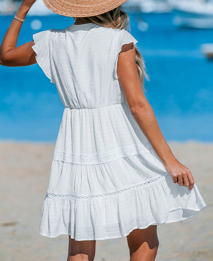 CUPSHE Women's White Split Neck Tassel Tie Lace Mini Beach Dress - Macy's