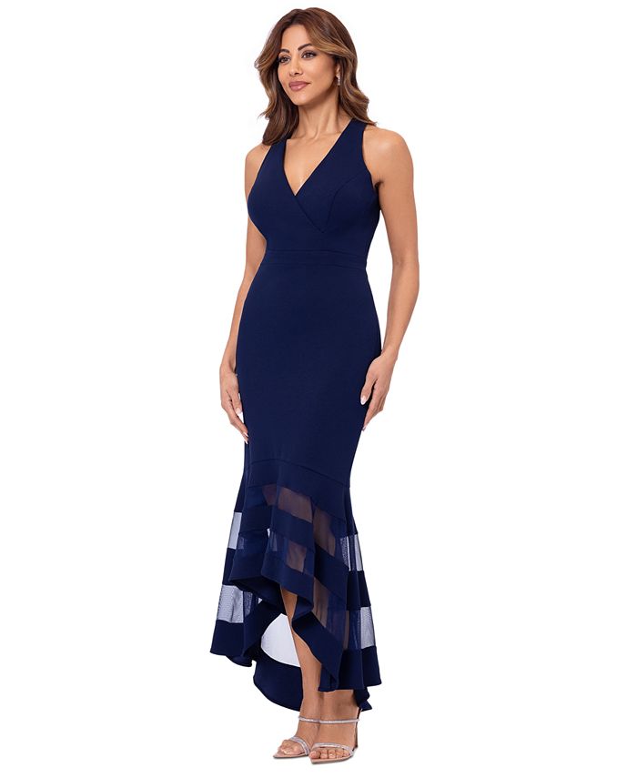 XSCAPE Petite Scuba Crepe Sheer-Stripe High-Low Dress - Macy's