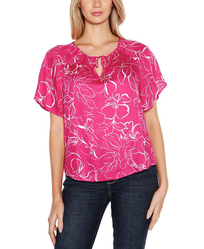 Belldini Women's Embellished Tie Neck Flutter Sleeve Top - Macy's
