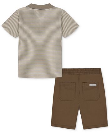 Calvin Klein Little Boys Cotton Striped Jersey Polo Shirt & Twill Shorts, 2 Piece Set - Macy's