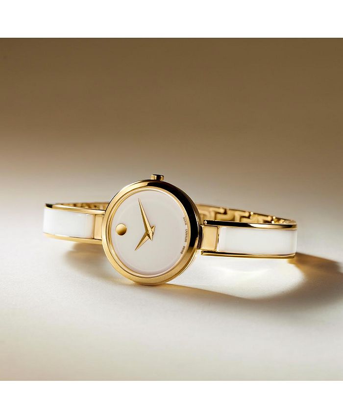 Movado Women's Moda Swiss Quartz White Ceramic Yellow PVD Bangle Watch ...