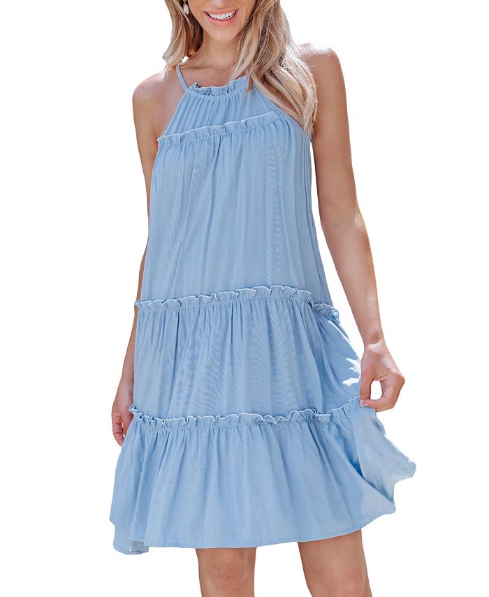 CUPSHE Women's Light Green Halterneck Micro-Ruffle Mini Beach Dress ...