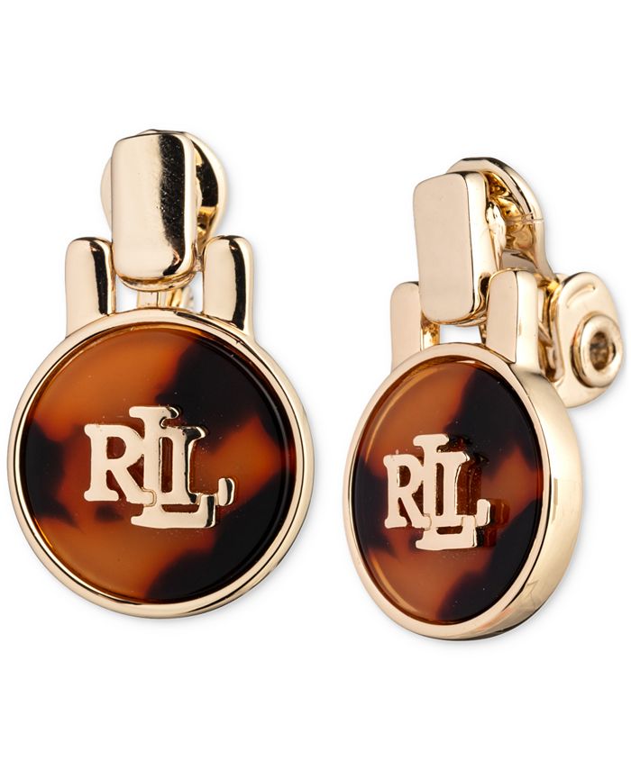 Lauren Ralph Lauren Gold-Tone Tortoise-Look Logo Clip-On Drop Earrings - Macy's